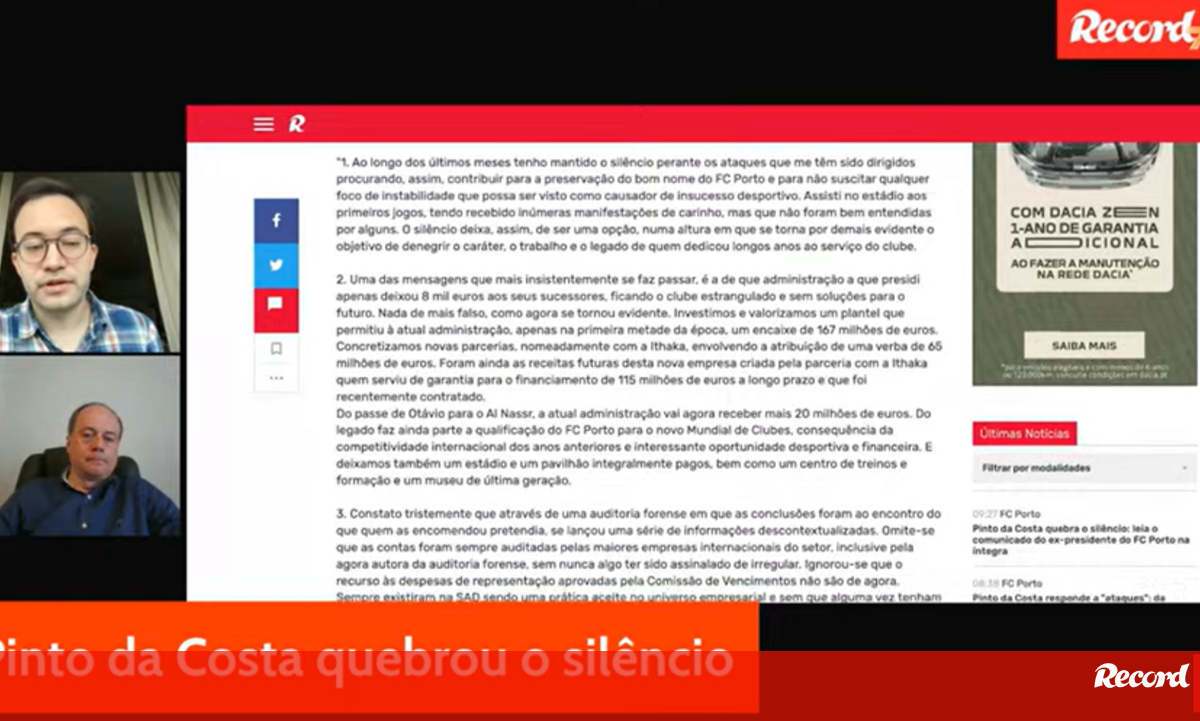 10 Minutos Record: Pinto da Costa quebra silêncio, Manu e Bah enfrentam ...