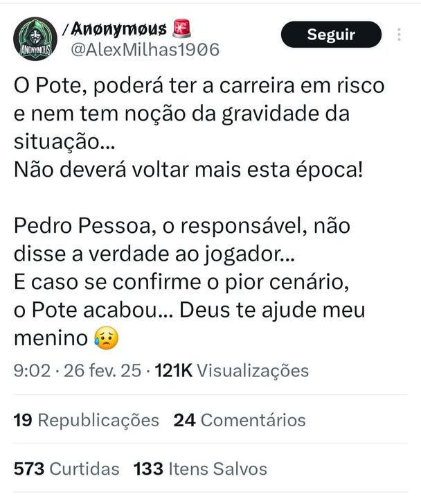 Pote esclarece lesão e denuncia conta de rede social: «Bloqueiem e não ...